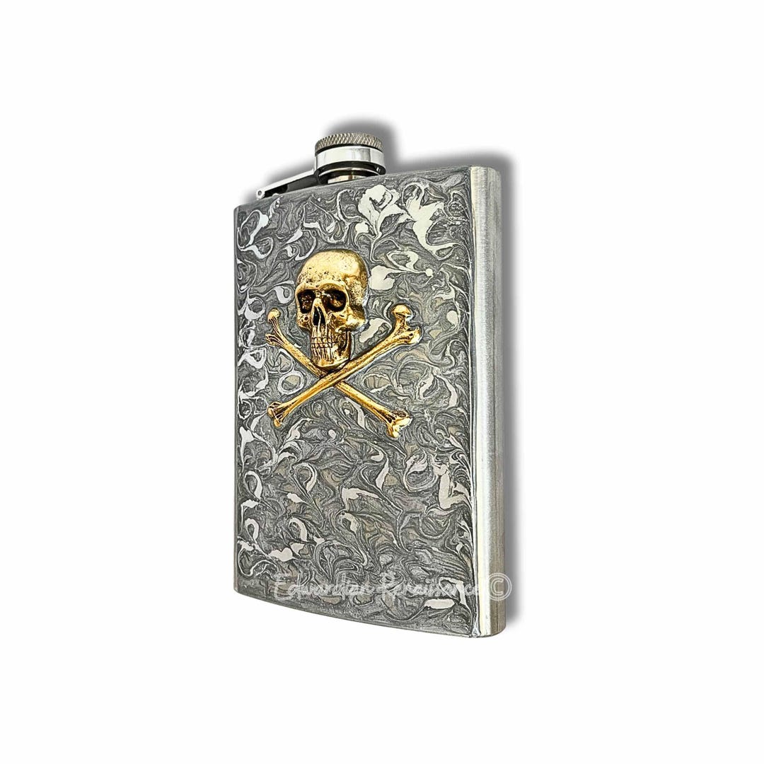 Antique Gold Skull Flask: Silver Swirl Enamel, Personalized Hip Flask ...