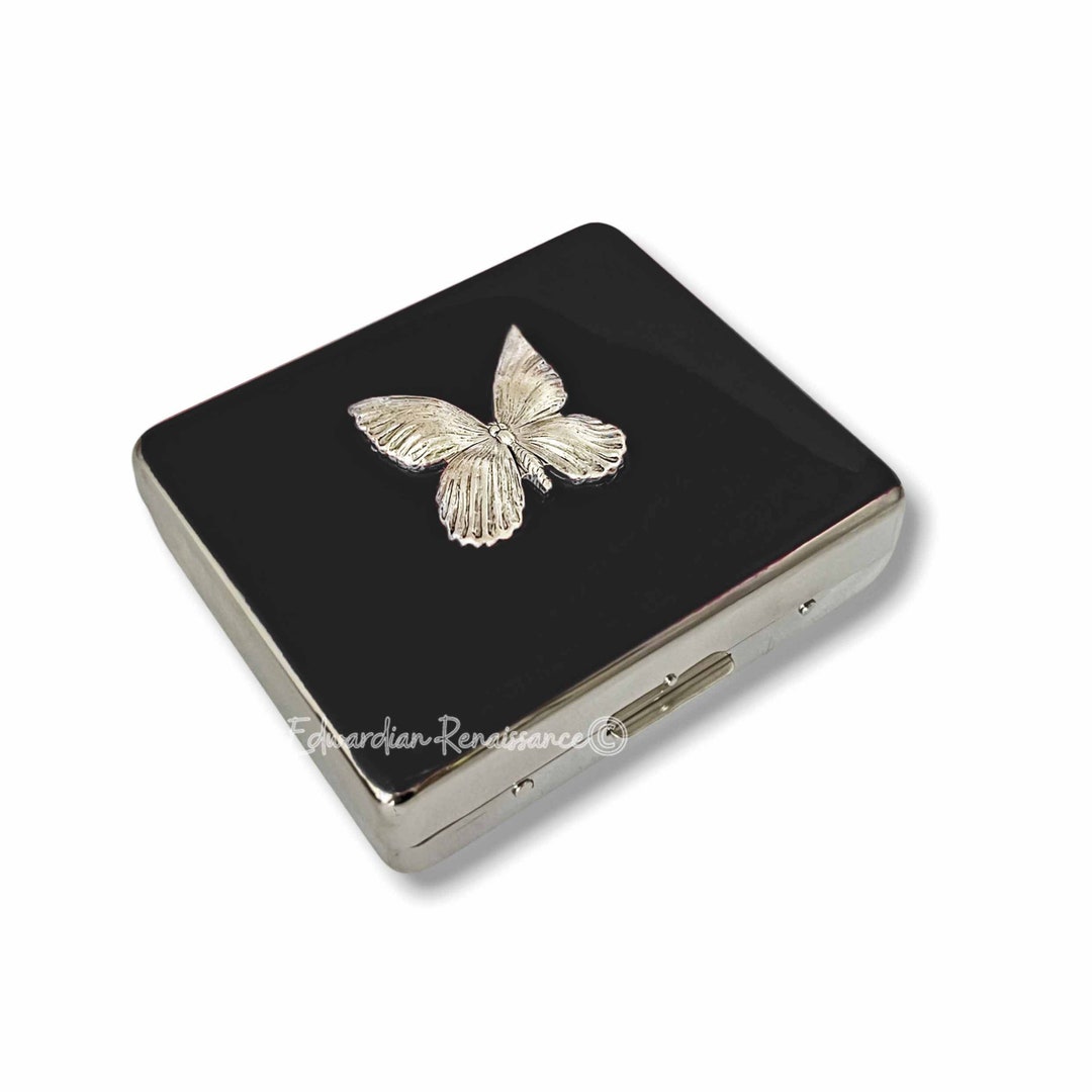Art Nouveau Butterfly Pill Box: Antique Silver, Hand-painted Enamel, 8 ...