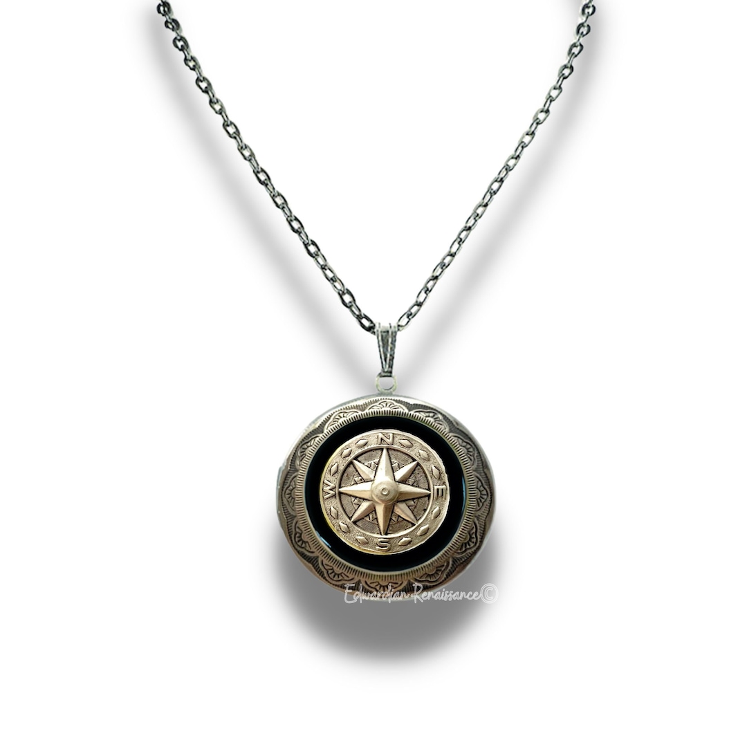 Compass Locket Necklace: Hand Painted Black Enamel Nautical Pill Box ...