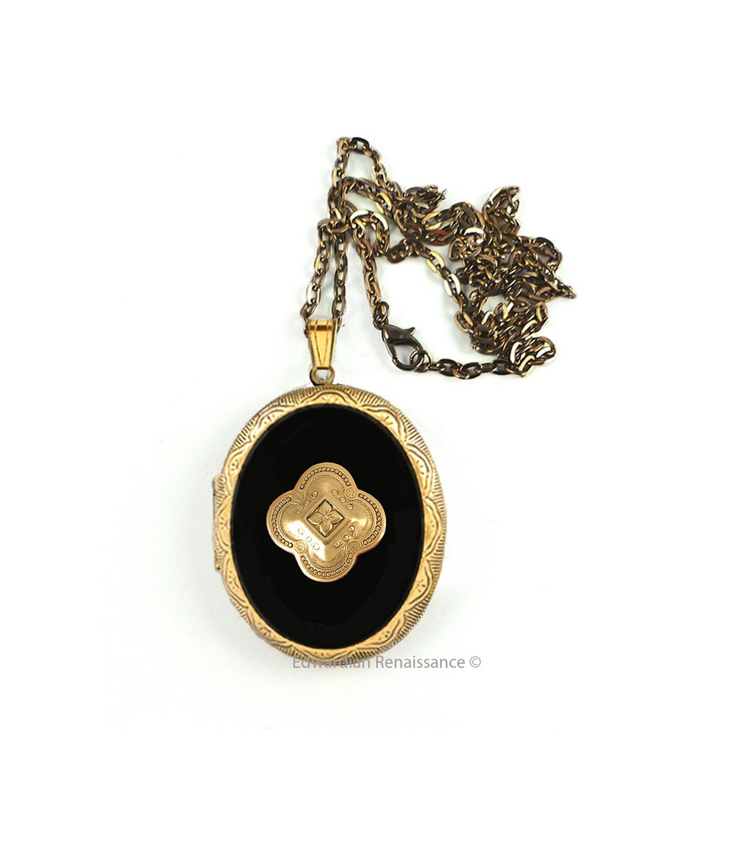 Quatrefoil Locket Necklace: Hand Painted Black Enamel, Keepsake Jewelry ...