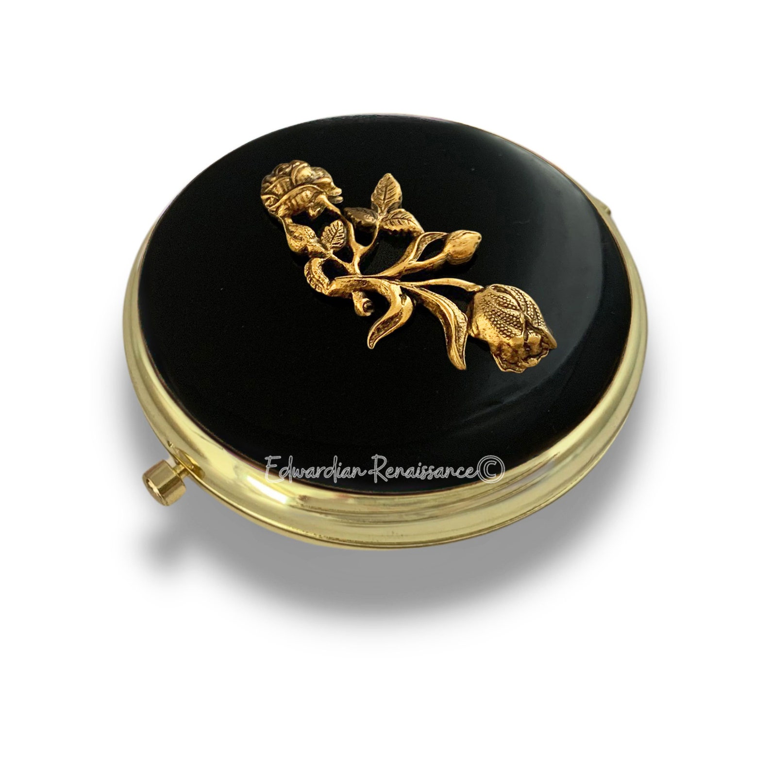 Espejo compacto antiguo con diseño floral Art Nouveau en esmalte negro ...