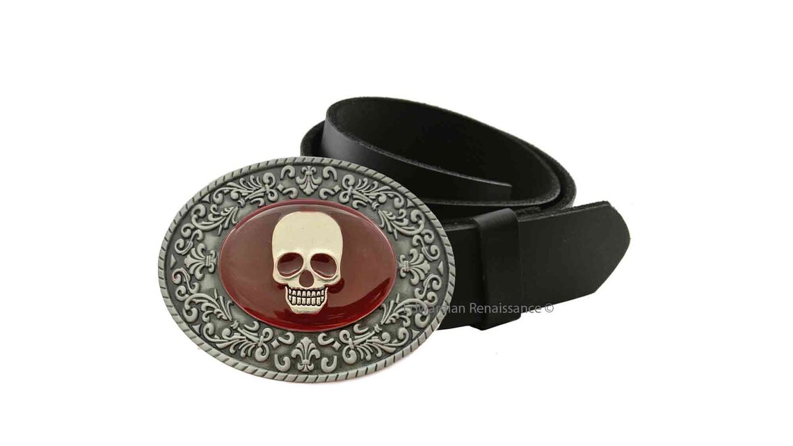 Skull Belt Buckle Inlaid in Black Onyx Enamel with Intricate | Etsy