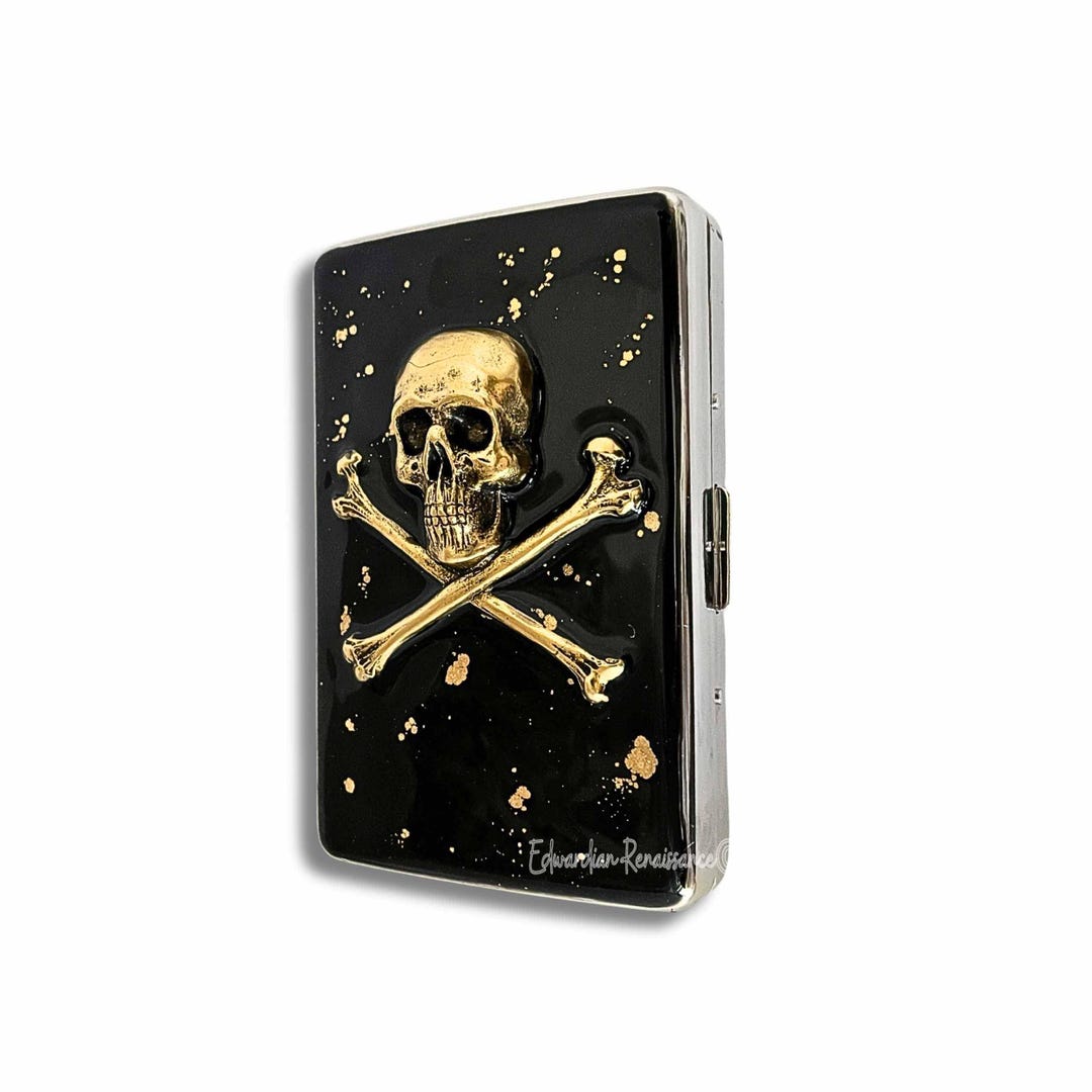 Gold Skull and Crossbones Metal Cigarette Case in Hand Painted Black ...