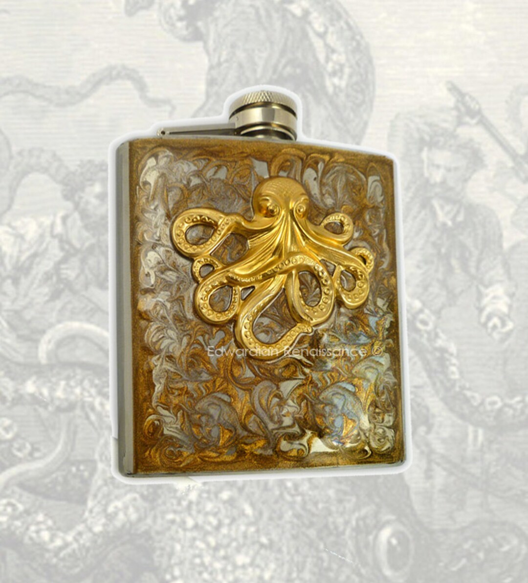 Steampunk Octopus Flask: Hand-painted Enamel, Gold Swirl Design ...