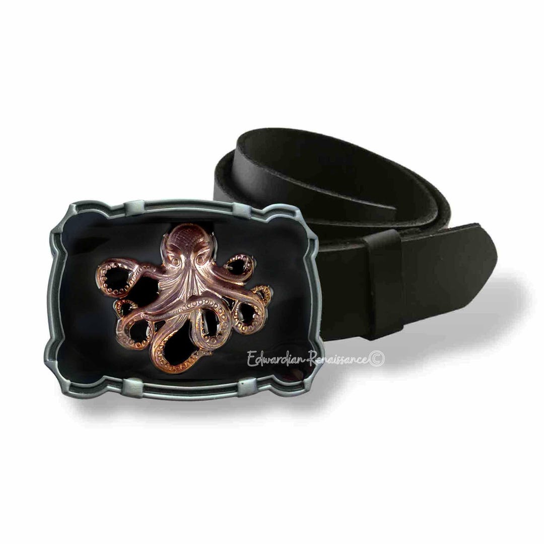 Octopus Belt Buckle: Hand Painted Black Enamel, Oxidized Brass Finish ...