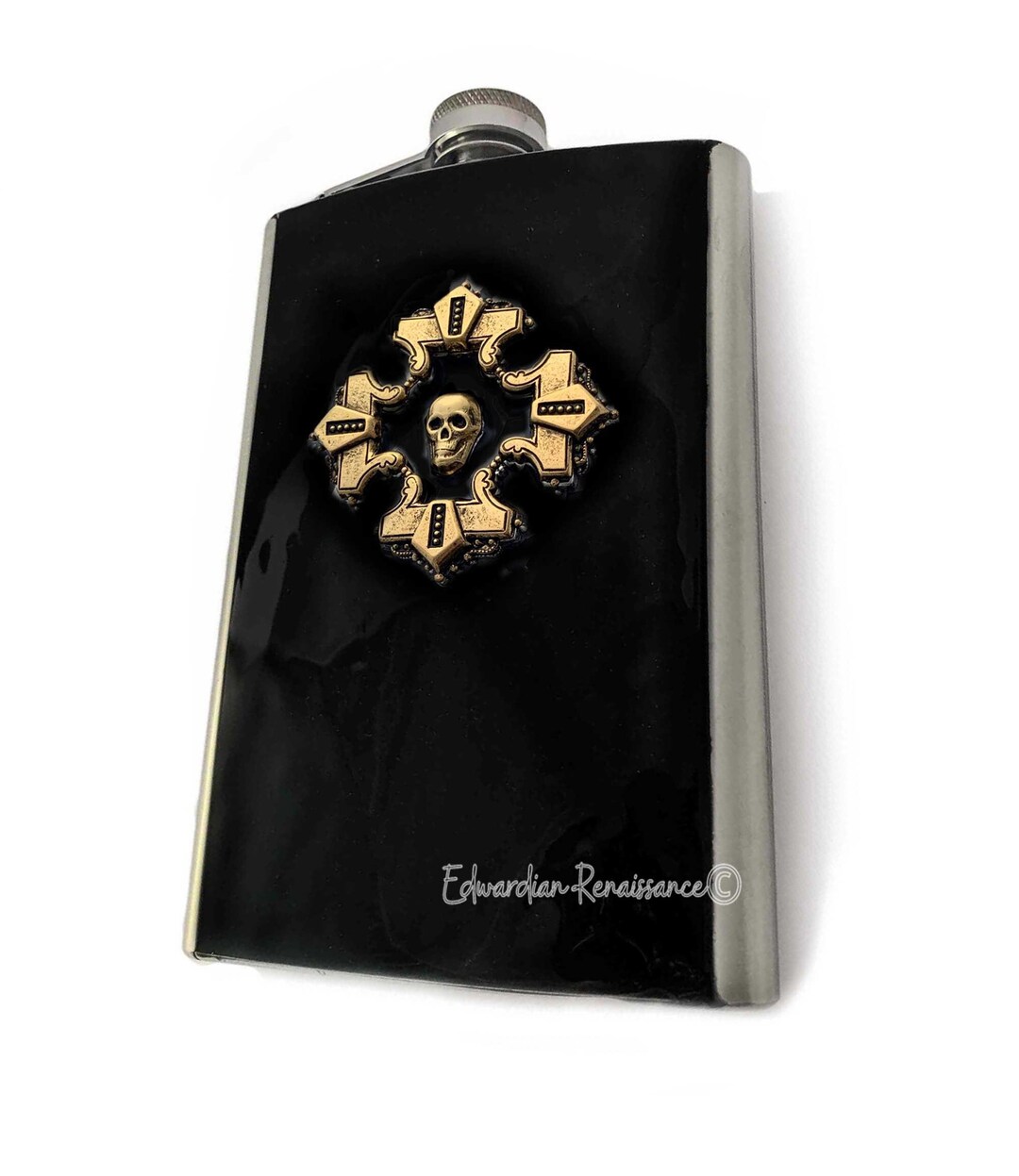 Antique Gold Skull Cross Flask: Hand Painted Black Enamel, 8oz Hip ...