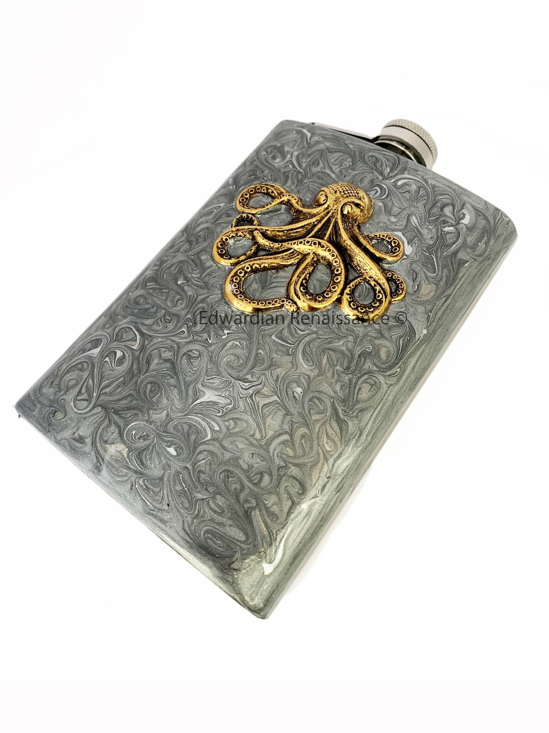 Antique Gold Octopus Flask: Hand-painted Silver Swirl Enamel, Nautical ...