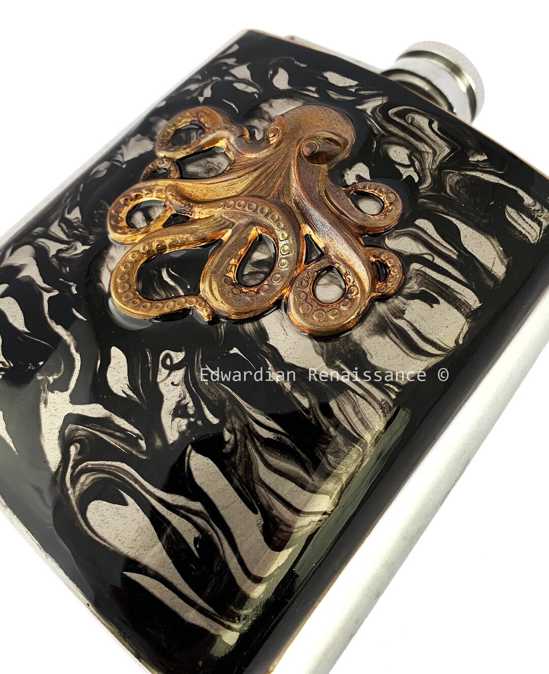Octopus Hip Flask in Oxidized Brass Inlaid in Hand Painted - Etsy