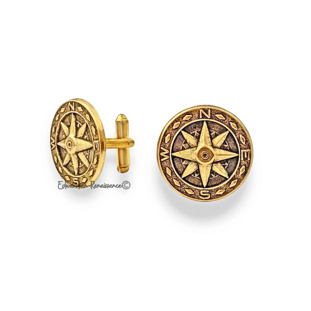 Compass Rose Cufflinks: Nautical Antique Gold Medallion, Tie Clip Set ...