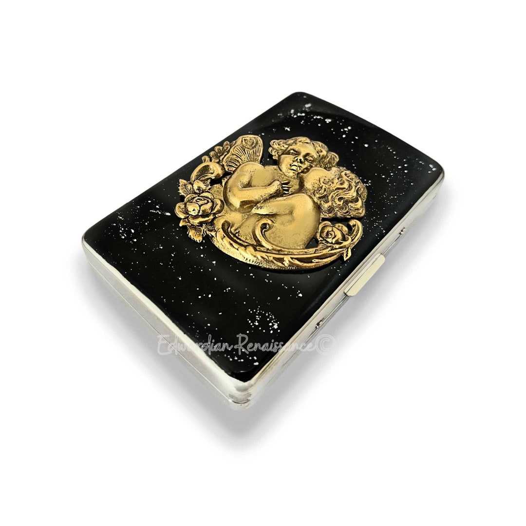 Angel Cigarette Case Inlaid in Hand Painted Black Enamel With Silver ...