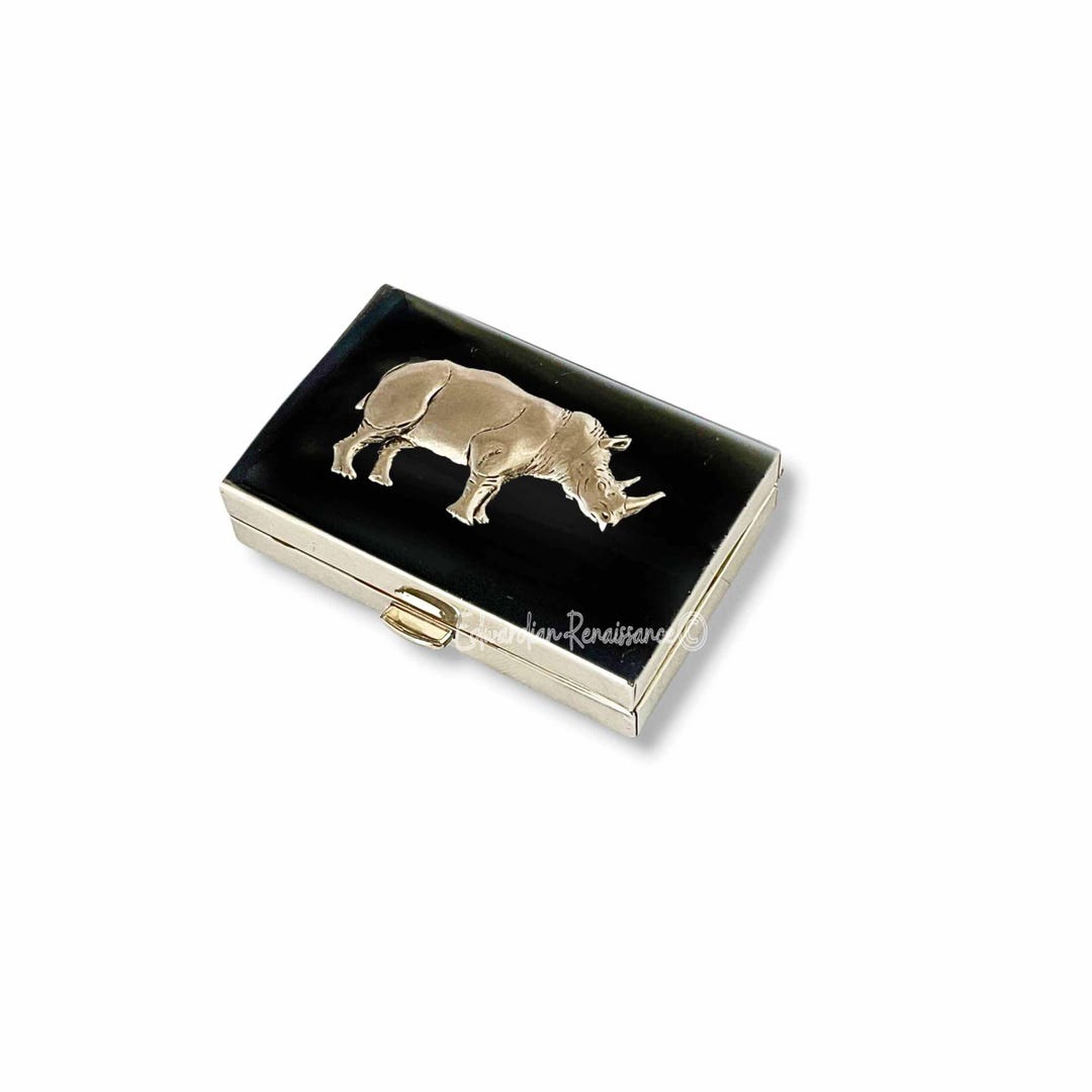 Silver Rhino Pill Box, Hand Painted Enamel, Personalized Option - Etsy