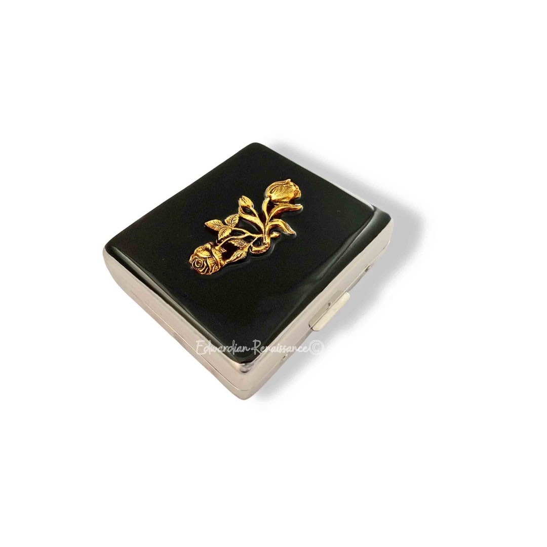 Antique Gold Roses Pill Box: Hand Painted Black Enamel, Weekly Pill ...