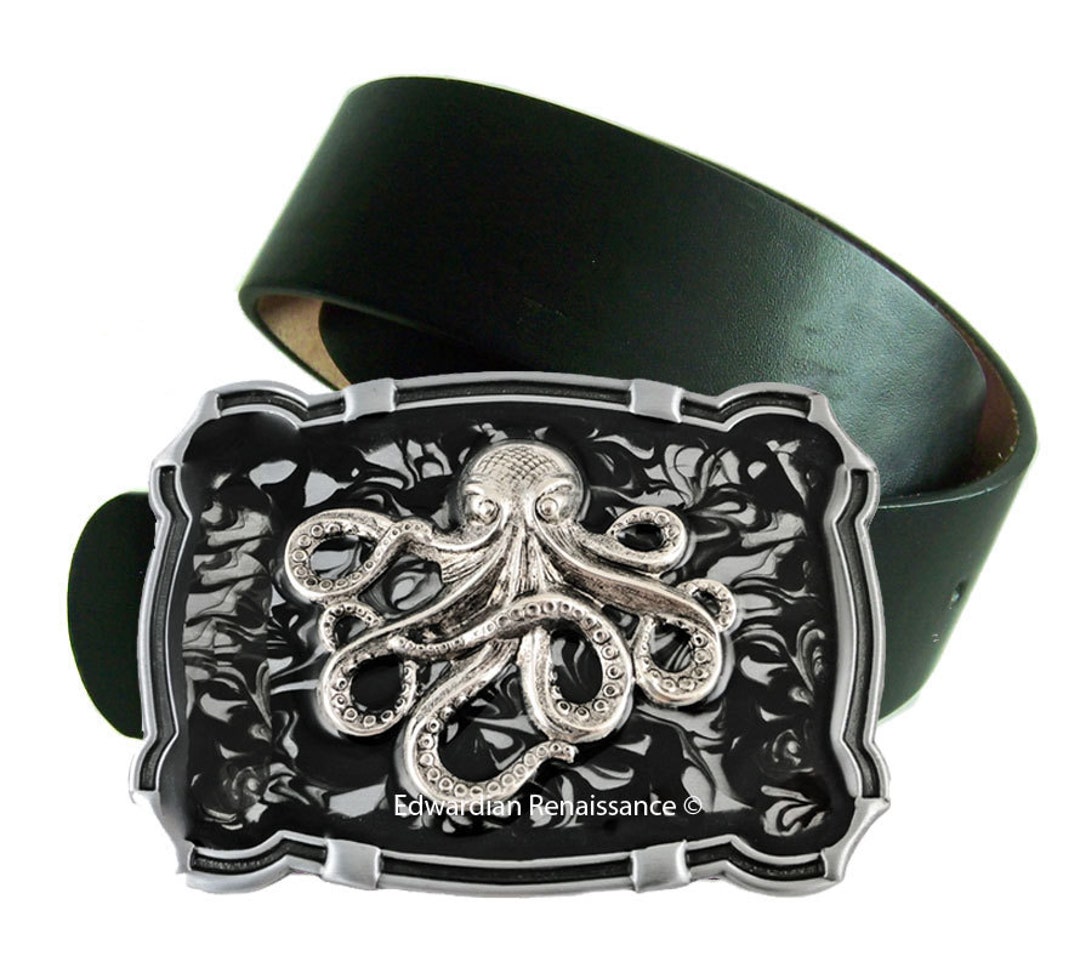 Antique Silver Octopus Belt Buckle: Hand-painted Enamel Nautical Design ...