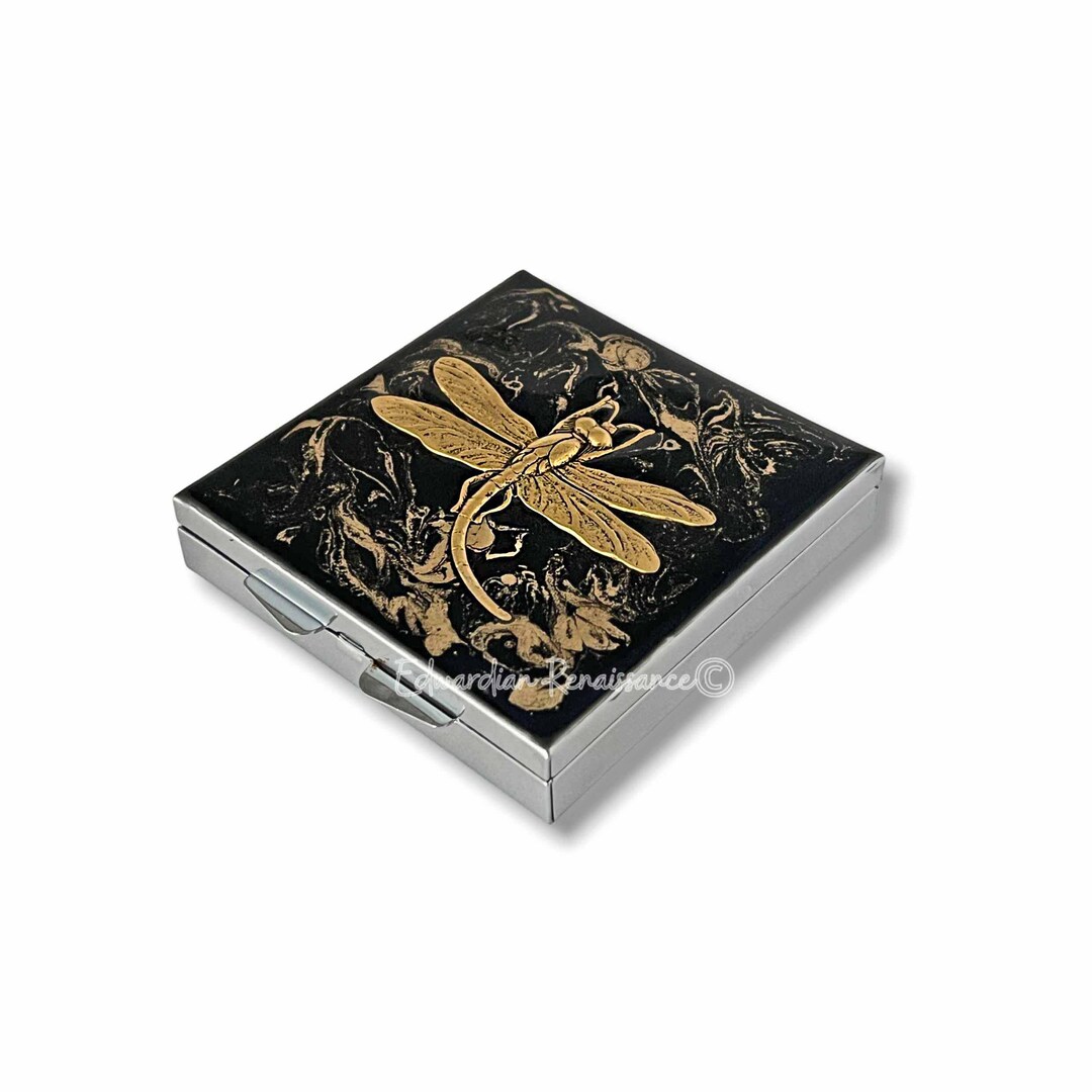 Dragonfly Metal Pill Box Inlaid in Hand Painted Black Enamel Art ...