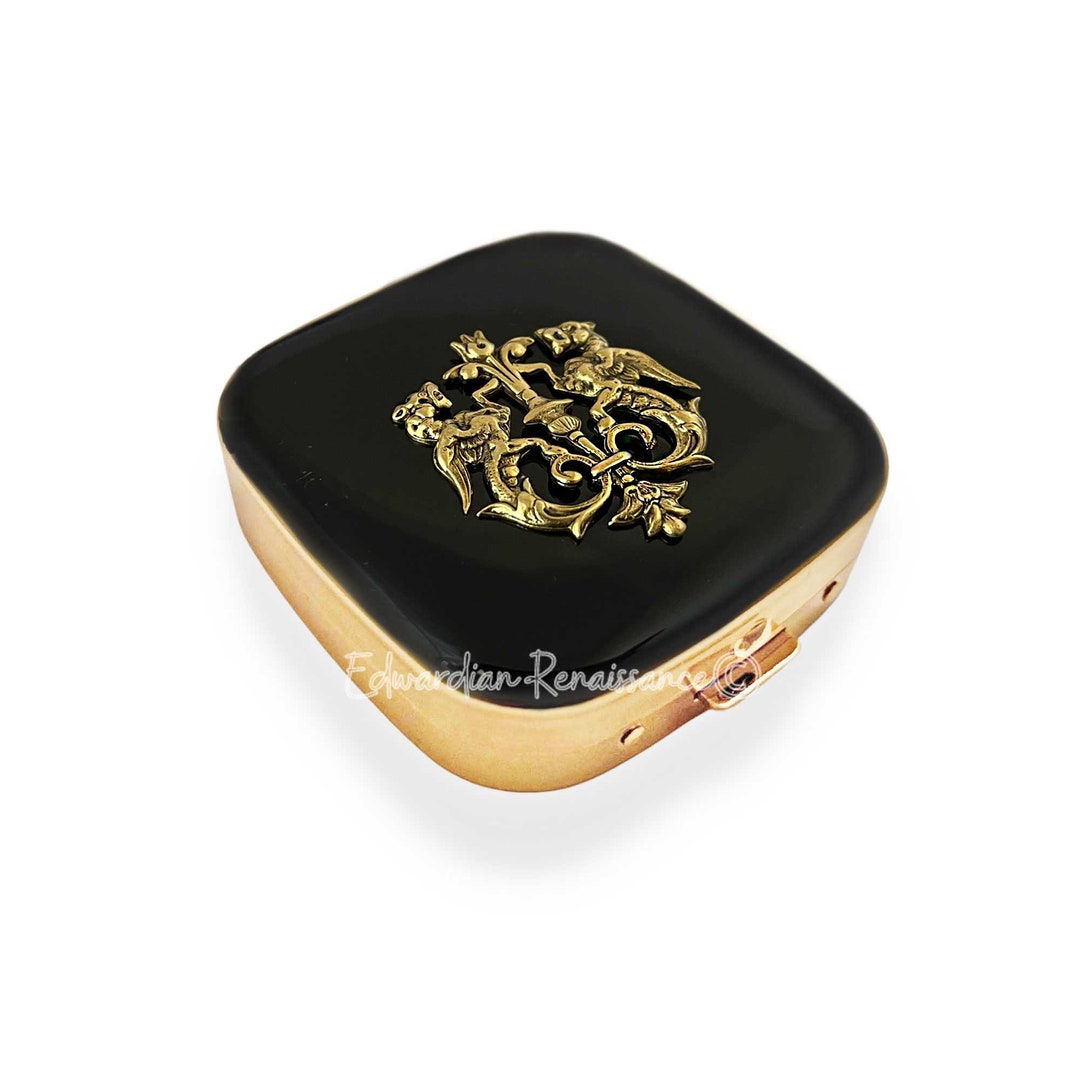 Antique Gold Dragon Crest Pill Box: Hand Painted Black Enamel, Medieval ...