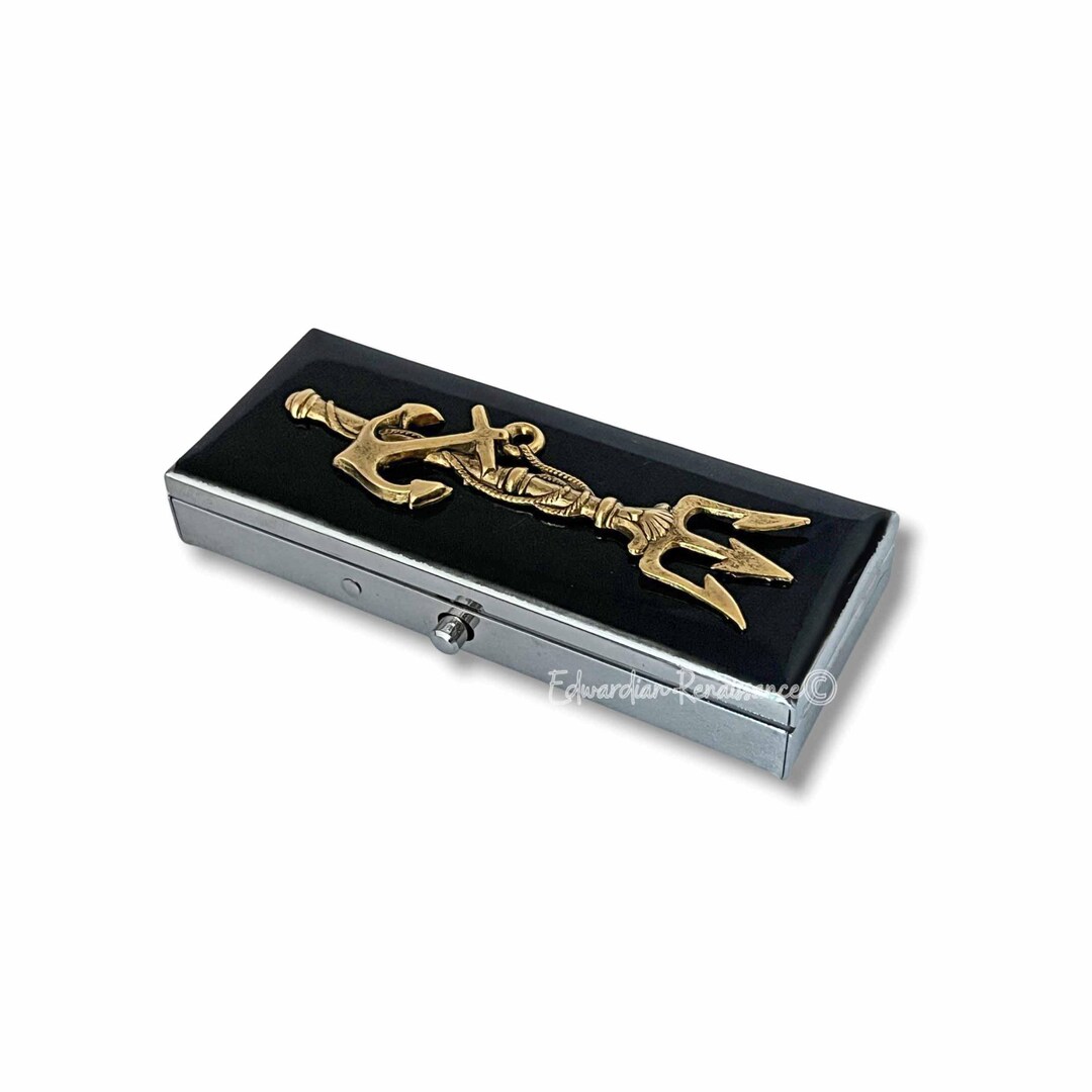 Nautical Pill Box: Trident & Anchor, Black Enamel, Personalized Option ...