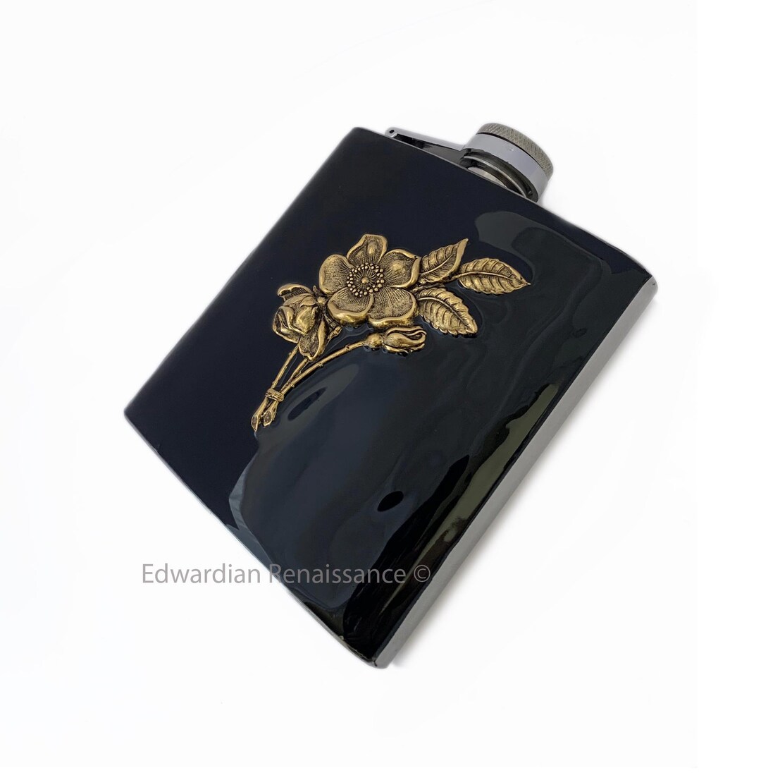 Art Nouveau Flask: Roses Bouquet Inlaid in Hand Painted Black Enamel - Etsy