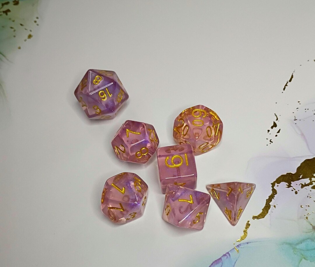 Rose Gold Swirl Polyhedral Dice Set – 7-piece Pink Dice With Gold ...