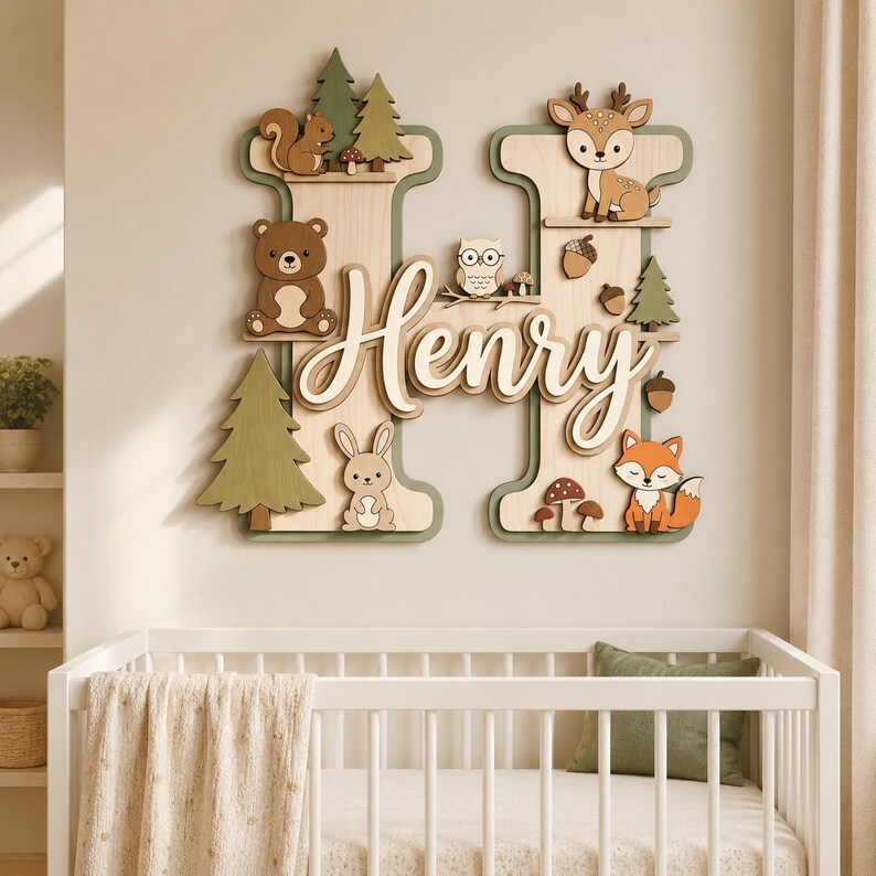 Personalized Woodland Animal Name Sign, Custom 3D Wooden Nursery Sign ...