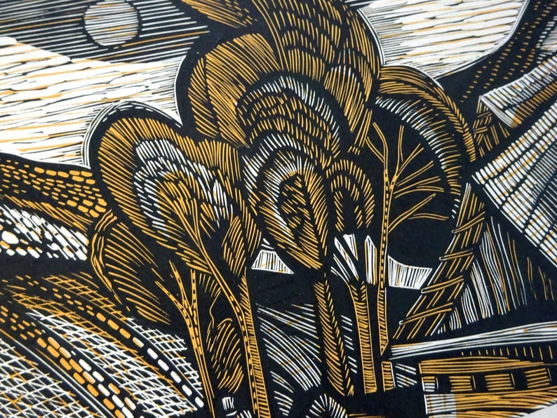 Vintage '68 Linocut or Woodcut Landscape Print by Listed - Etsy