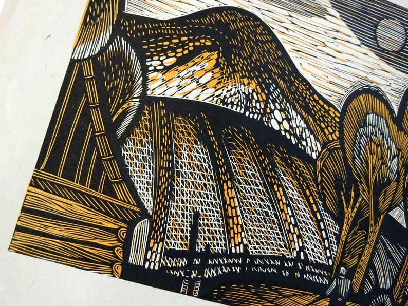 Vintage '68 Linocut or Woodcut Landscape Print by Listed - Etsy