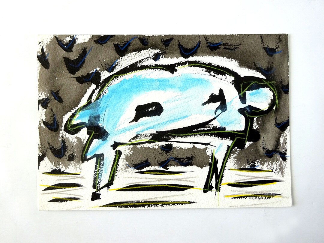 Vintage 92' Abstract Modernist Gouche and Indigo Ink Painting Signed by ...