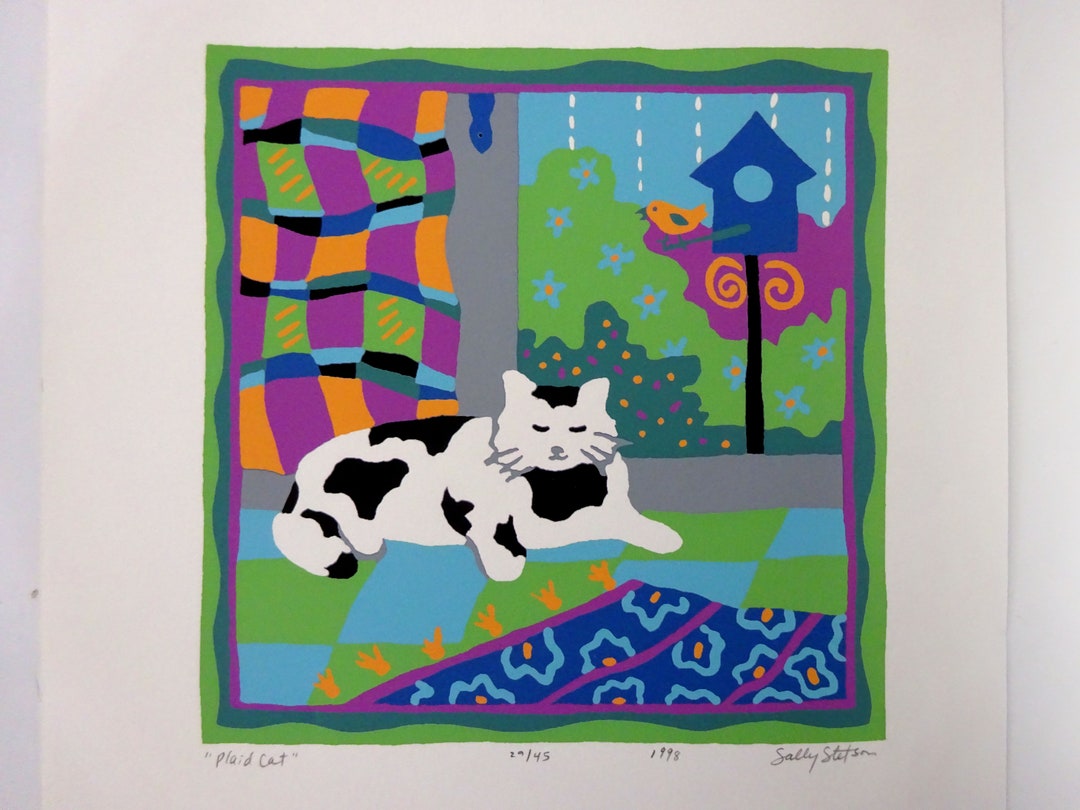 Vintage '89 Color Silkscreen Titled "plaid Cat" Numbered 29/45 and ...
