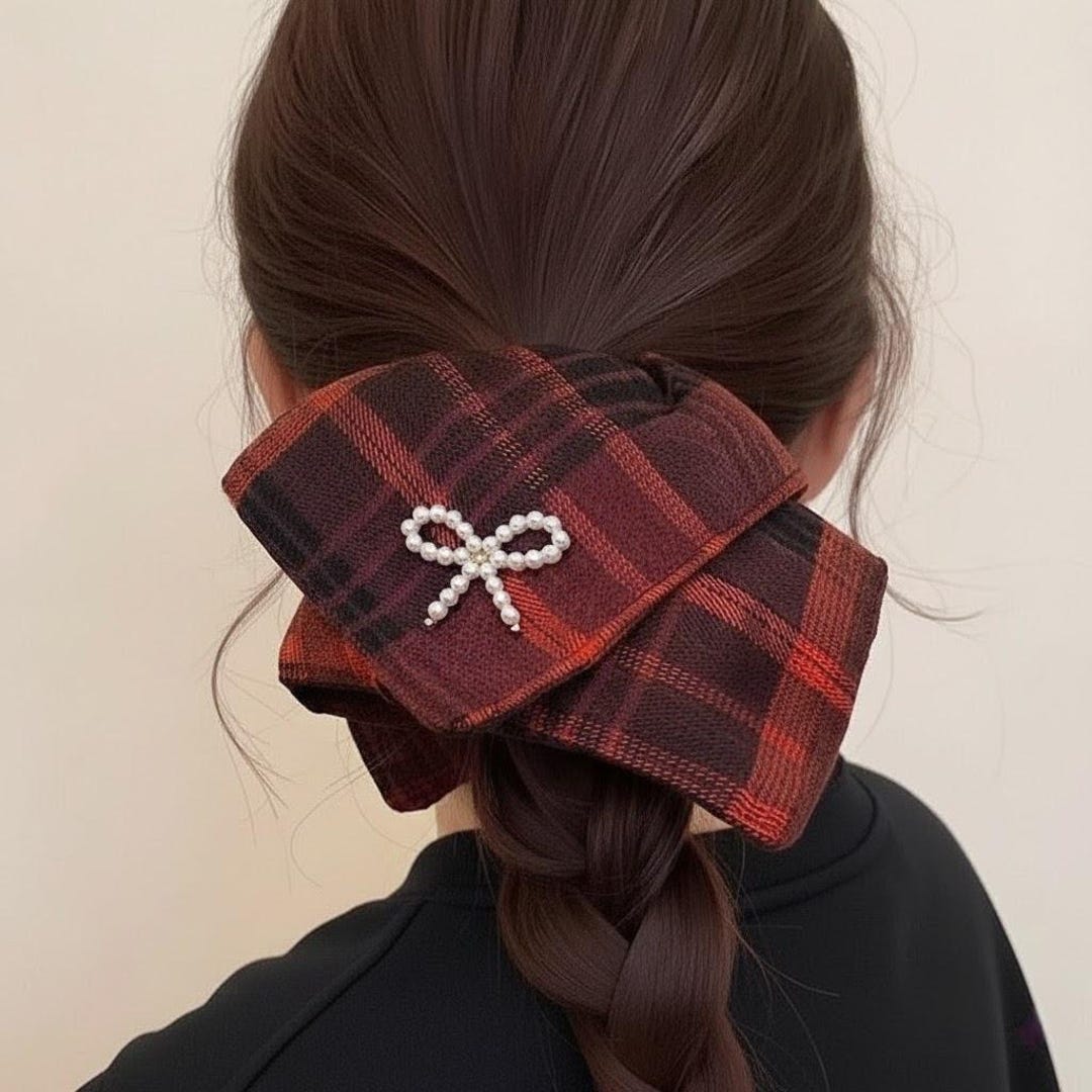 Oversized Square Plaid Scrunchie With Pearl Bow, Elegant Photo-ready ...