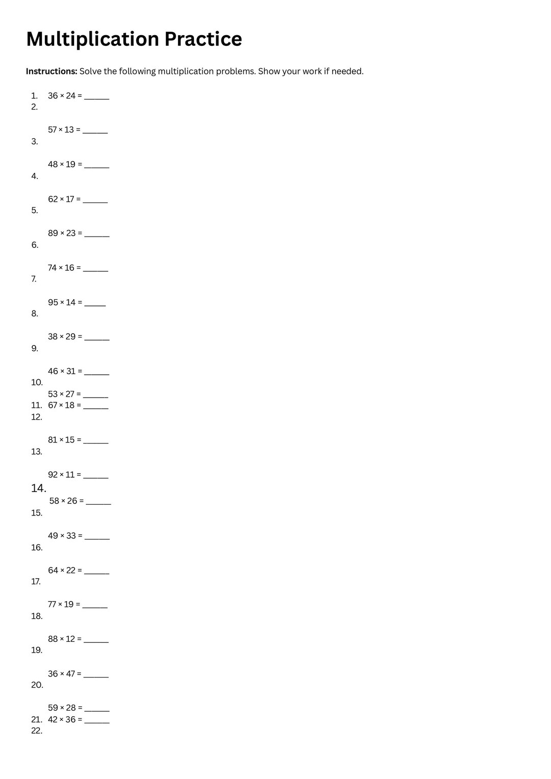 Multiplication Worksheets 100 Math Problems - Etsy