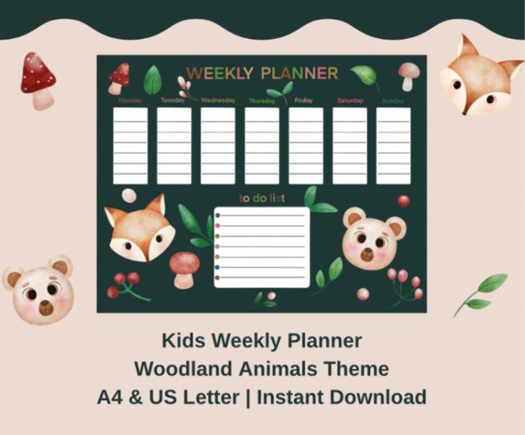 Kids Weekly Planner Printable | Woodland Animals Theme (digital ...