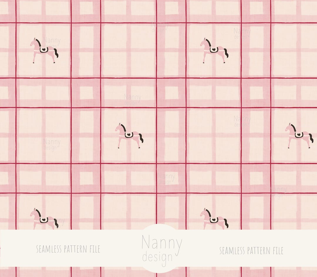 Valentine Hand Drawn Plaid With Circus Horses | Rose Pink Horses & Wine ...