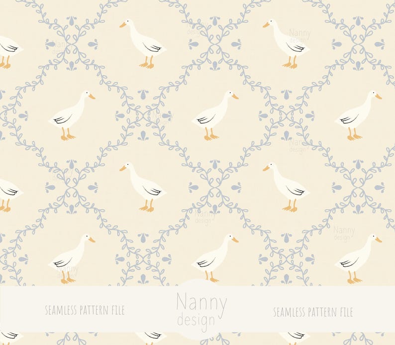 Charming Goose Seamless Pattern Cream Blue Greenery Duck Kids Fashion ...