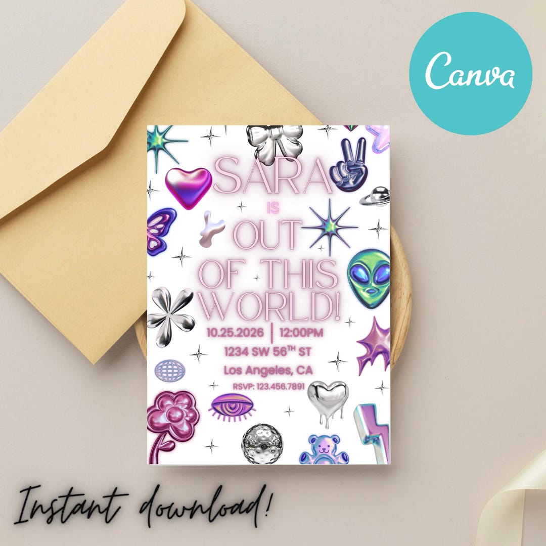 Y2K Alien Birthday Invitation: Holographic Chrome Party (digital ...