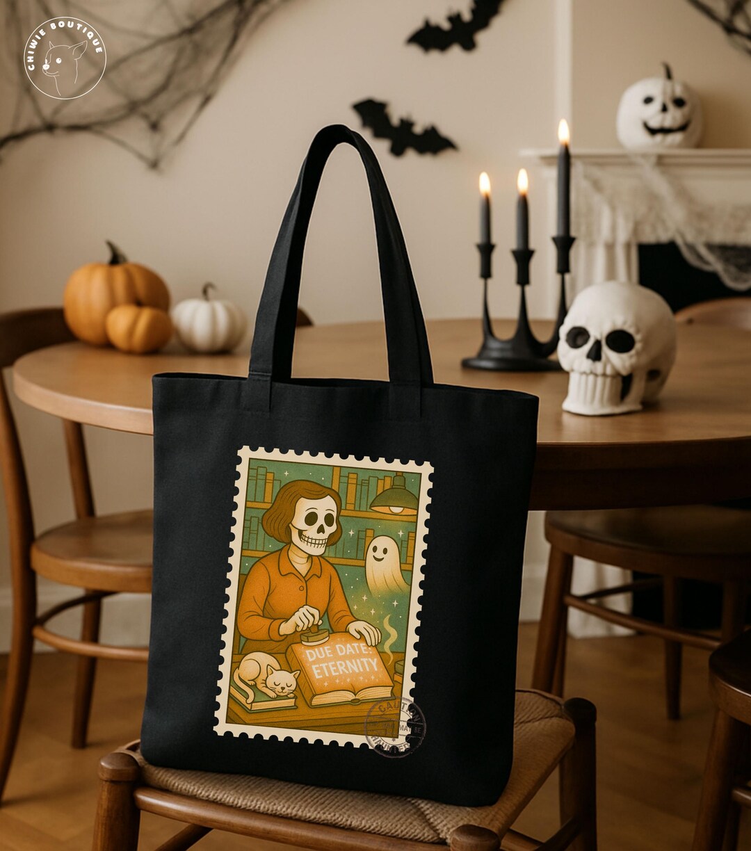 Funny Retro Librarian Tote: a Cute Bookish Skeleton Ghost Canvas Bag ...