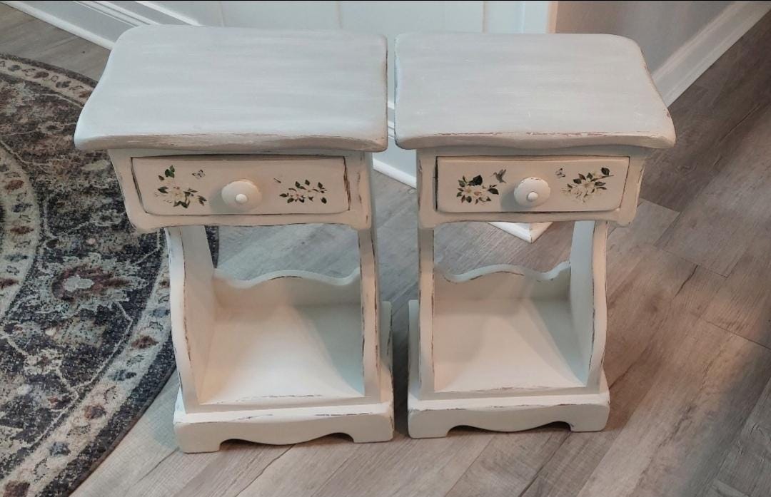 Custom Vintage Solid Wood Refinished Side Tables, White and Gray, Lined ...