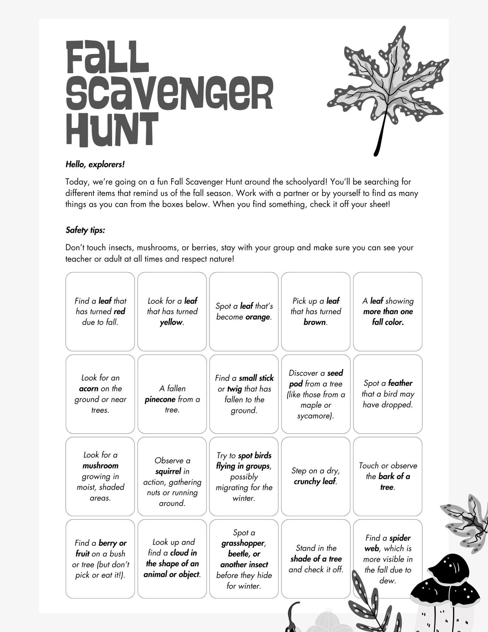 Fall Scavenger Hunt Printable: Kids Nature Walk Checklist (PDF) - Etsy