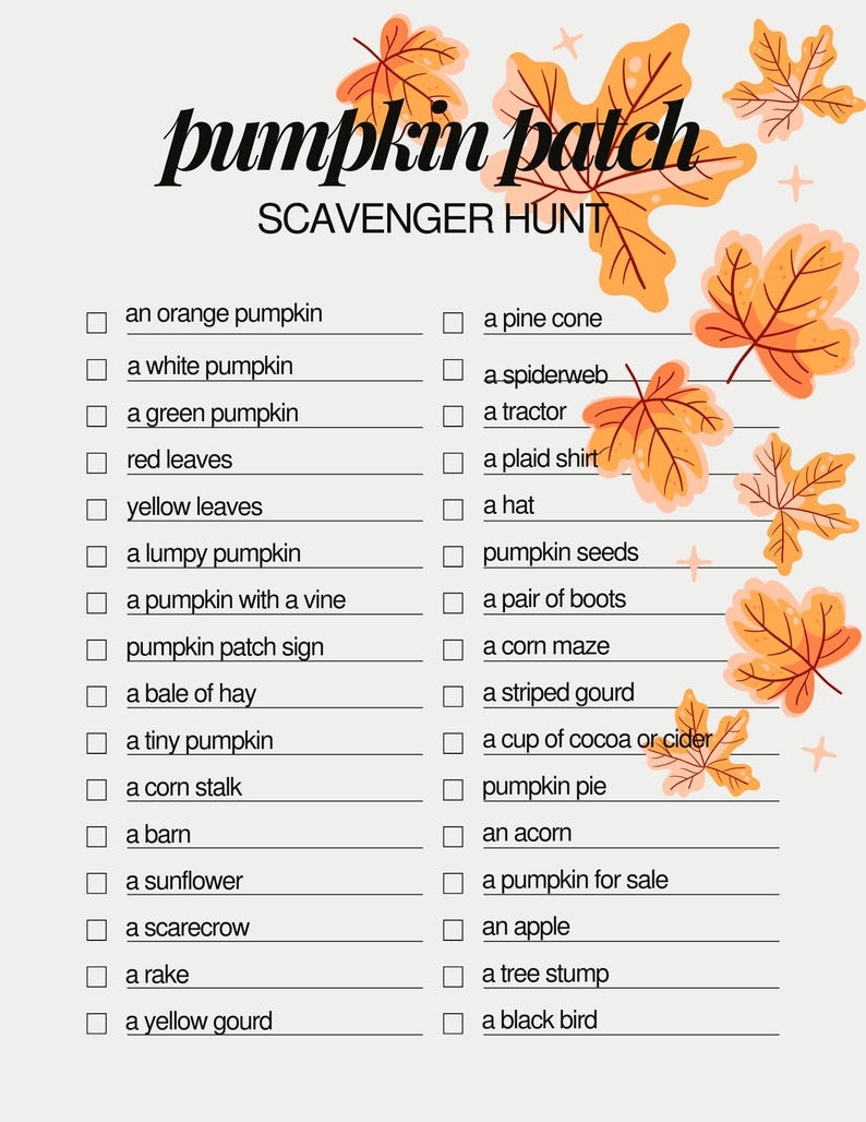 Pumpkin Patch Scavenger Hunt Printable – Fall Family Activity, Autumn ...