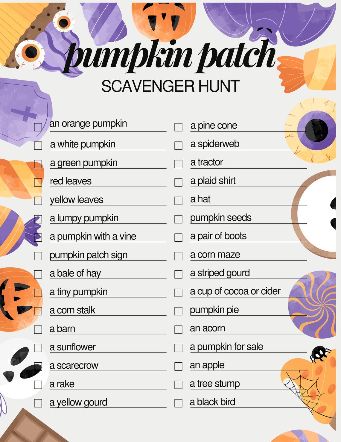 Pumpkin Patch Scavenger Hunt Printable – Fall Family Activity, Autumn ...