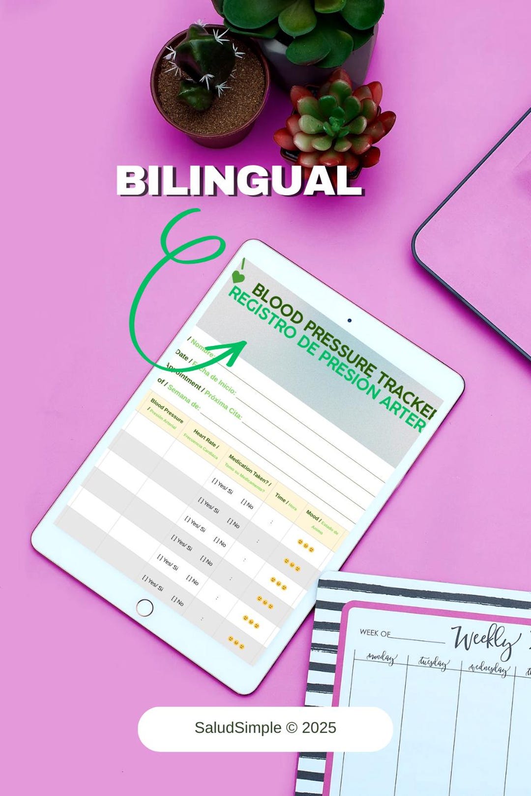 Blood Pressure Tracker | Bilingual Daily & Weekly Log (english/spanish ...