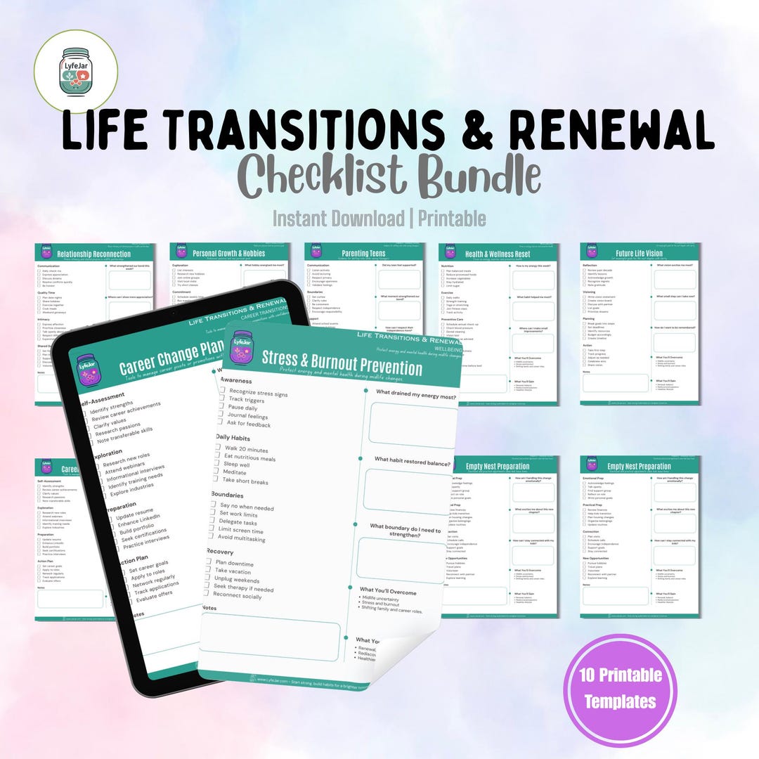 Life Transitions and Renewal Checklists – 10 Printable Templates for ...