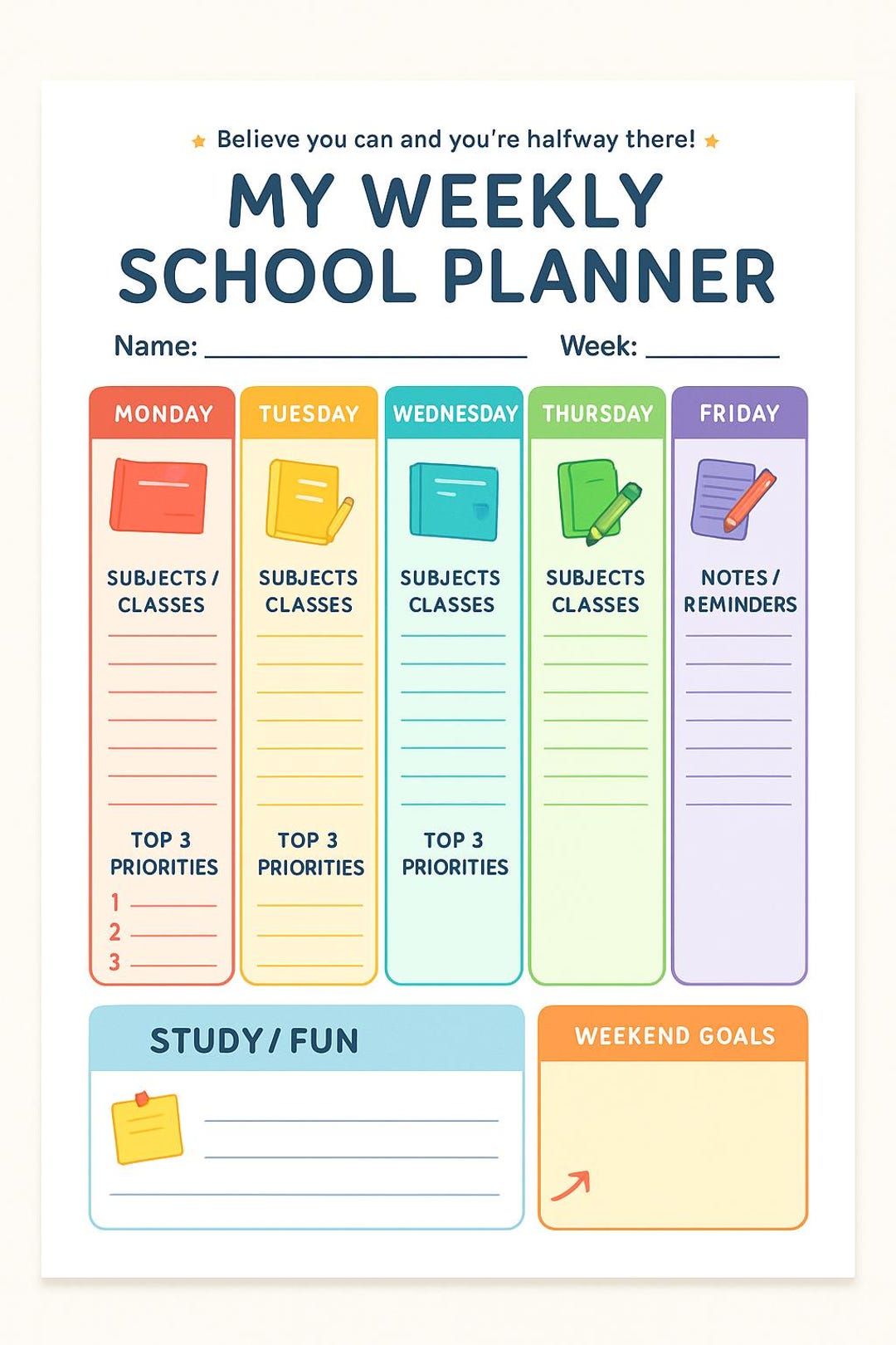 School Weekly Planner - Etsy