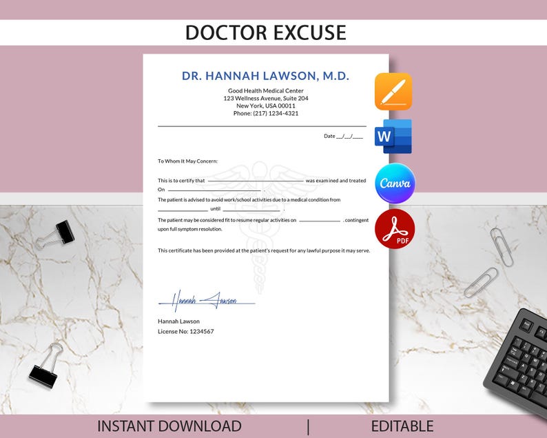 Doctor Excuse Template, Doctor Excuse for Work, Doctor Excuse Letter ...
