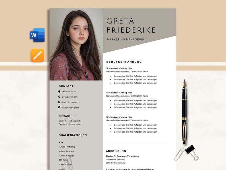 German CV Template: Professional Resume & Cover Letter, A4 Word ...