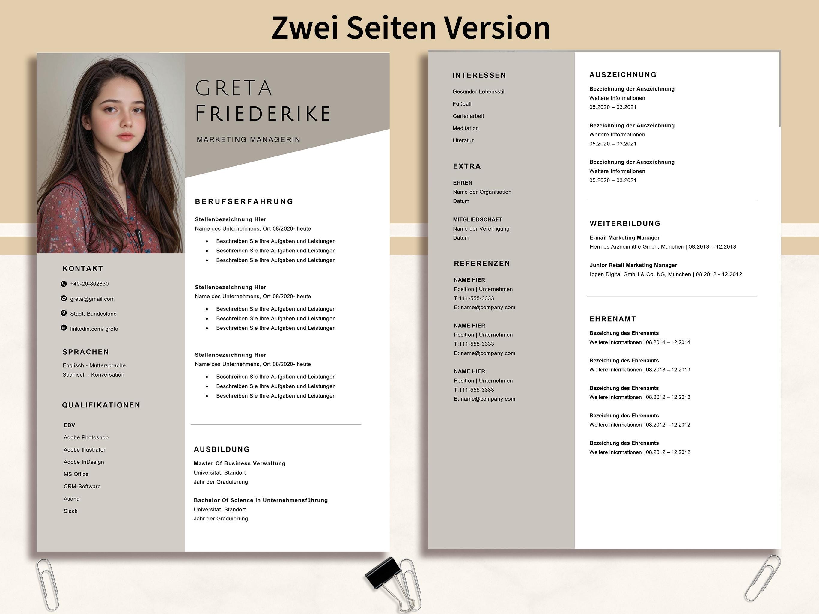 German CV Template: Professional Resume & Cover Letter, A4 Word ...