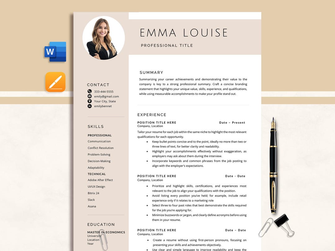Resume Template Word With Cover Letter, 1 Page Cv Template Word+ 2 Page ...