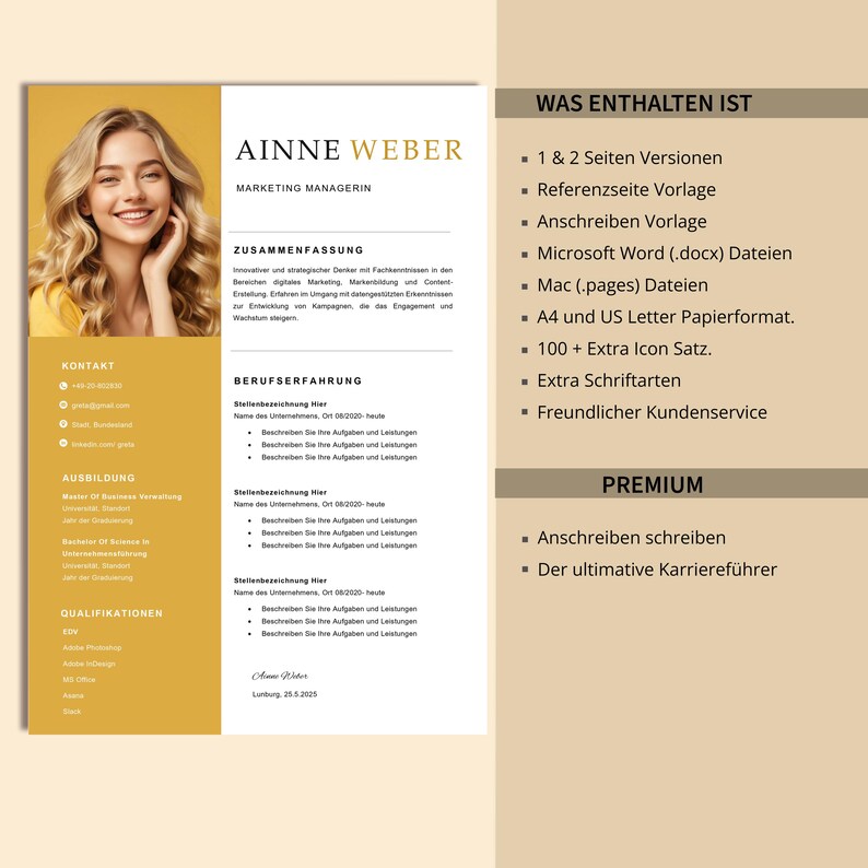 German Resume Template: CV + Cover Letter - Editable Word/pages - Etsy