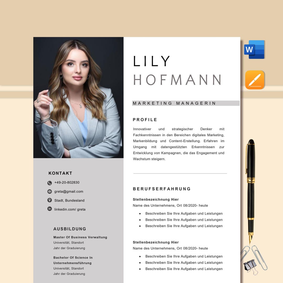 German Resume Template: CV + Cover Letter - Editable Word/pages - Etsy