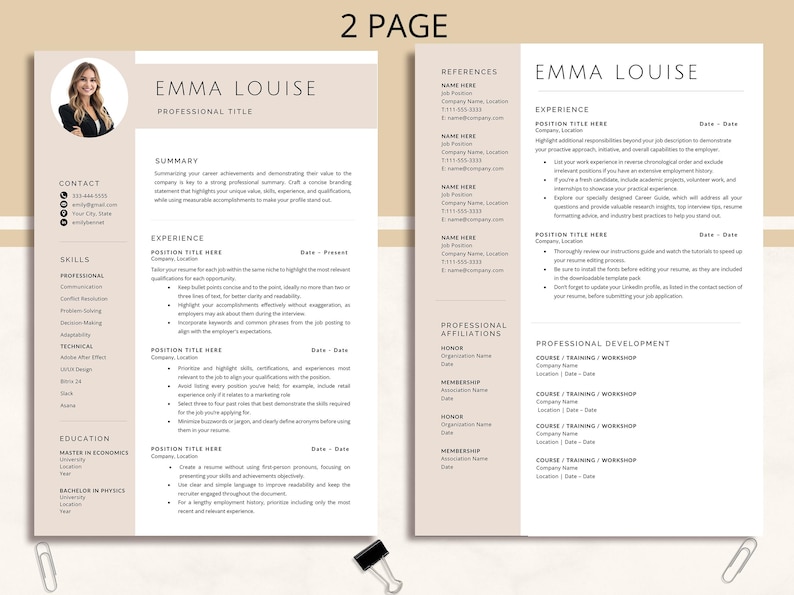 Resume Template Word With Cover Letter, 1 Page Cv Template Word+ 2 Page ...