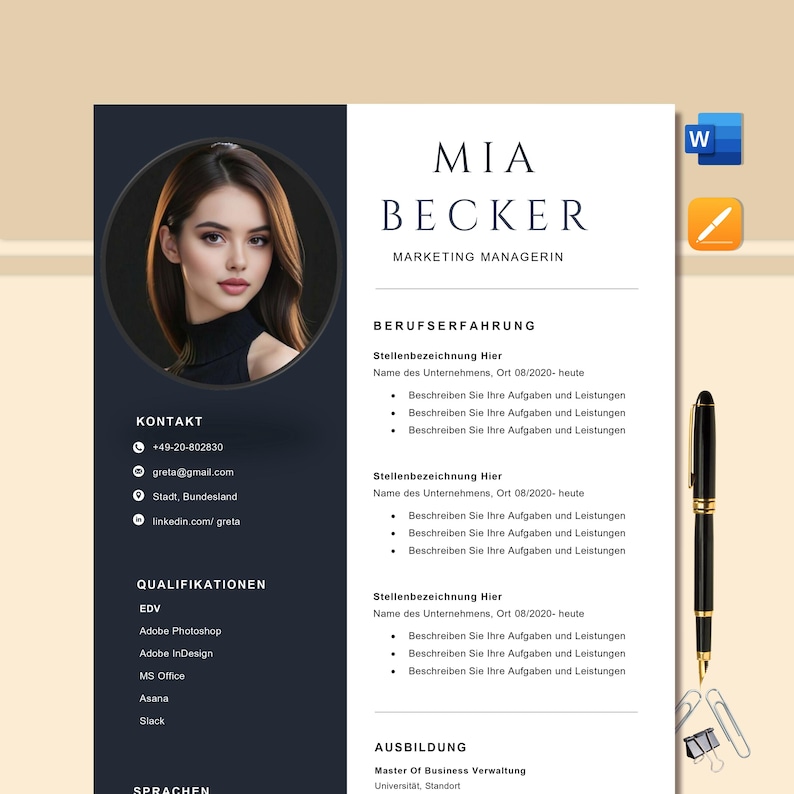 German Resume Template: CV + Cover Letter - Editable Word/pages - Etsy