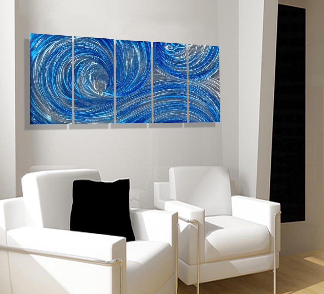 Blue Wave Art-blue Metal Art Painting-living Room Blue Home Decor-blue ...